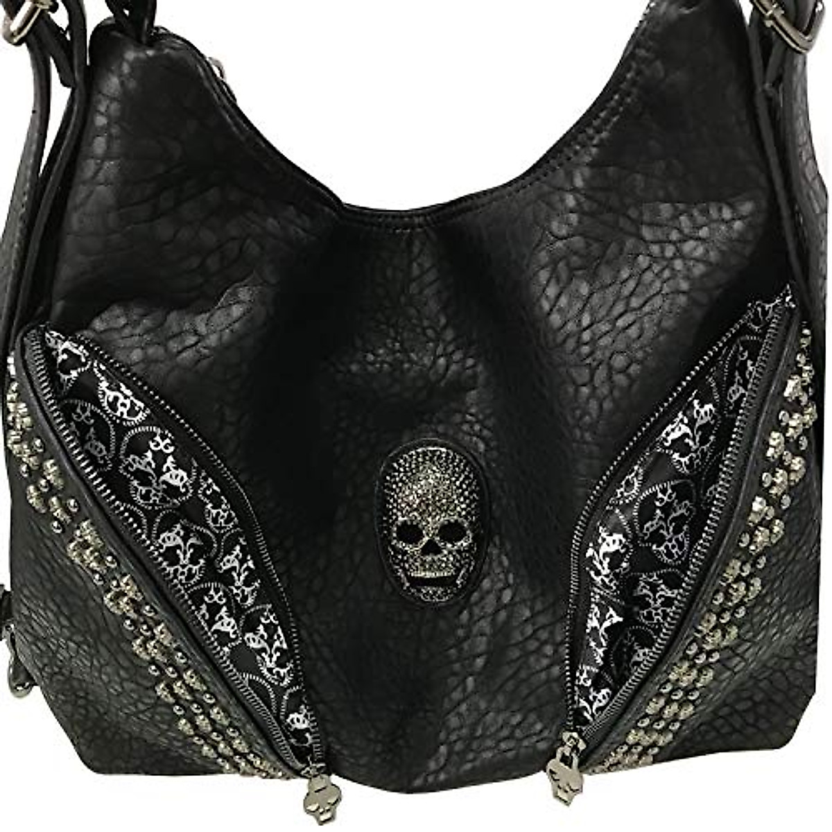 Over-size Studded Skull Shoulder Bag for Women and Men, 3 Ways Multifunction Backpack Punk Rivet Crossbody Bags Handbag and Pursesr Bags (Black-skull)