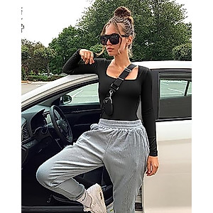 OQQ Women's 2 Piece Shirt Long Sleeve Square Neck Stretch Fitted Underscrubs Layer, Black,beige, Large