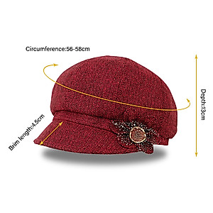 ColorSun Winter Classic Retro Visor Newsboy Cabbie Cap Beret Hats with Flower Buckle for Woman Ladies Red Wine