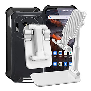 KJYF Phone Case for Oukitel WP19 (6.78"), [ 1 x Tempered Glass Protective Film], Shockproof Soft Silicone Black Case, with White Height Adjustable Cell Phone Stand for Desk.