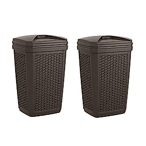 Suncast 30 Gallon Resin Wicker Decorative Outdoor Trash Hideaway, Java (2 Pack)