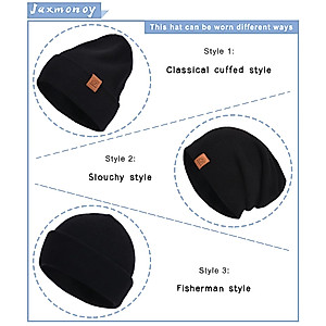 jaxmonoy Wool Cashmere Slouchy Knit Beanies Winter Hats for Women Men Soft Warm Double Layer Reversible Lightweight Slouch Cuffed Skull Beanie Cap - Black