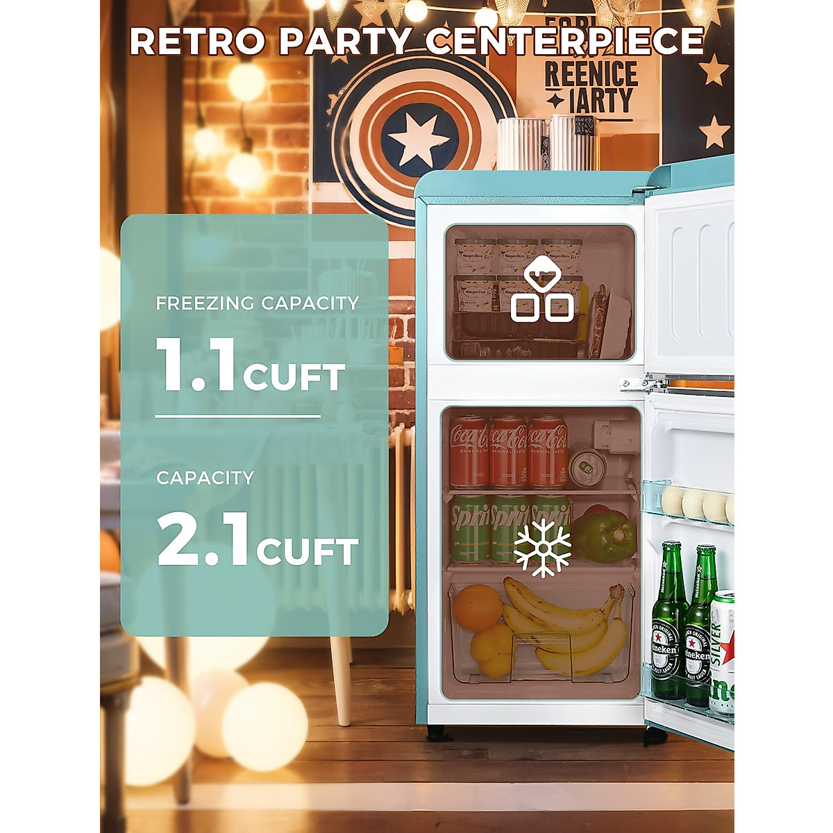 Anypro 3.2 Cu.Ft Compact Refrigerator Mini Fridge with Freezer, Retro Double Door Small Fridge with Freezer, 7 Level Thermostat & Removable Shelves, Small Refrigerator for Dorm, Office, Bedroom, Blue