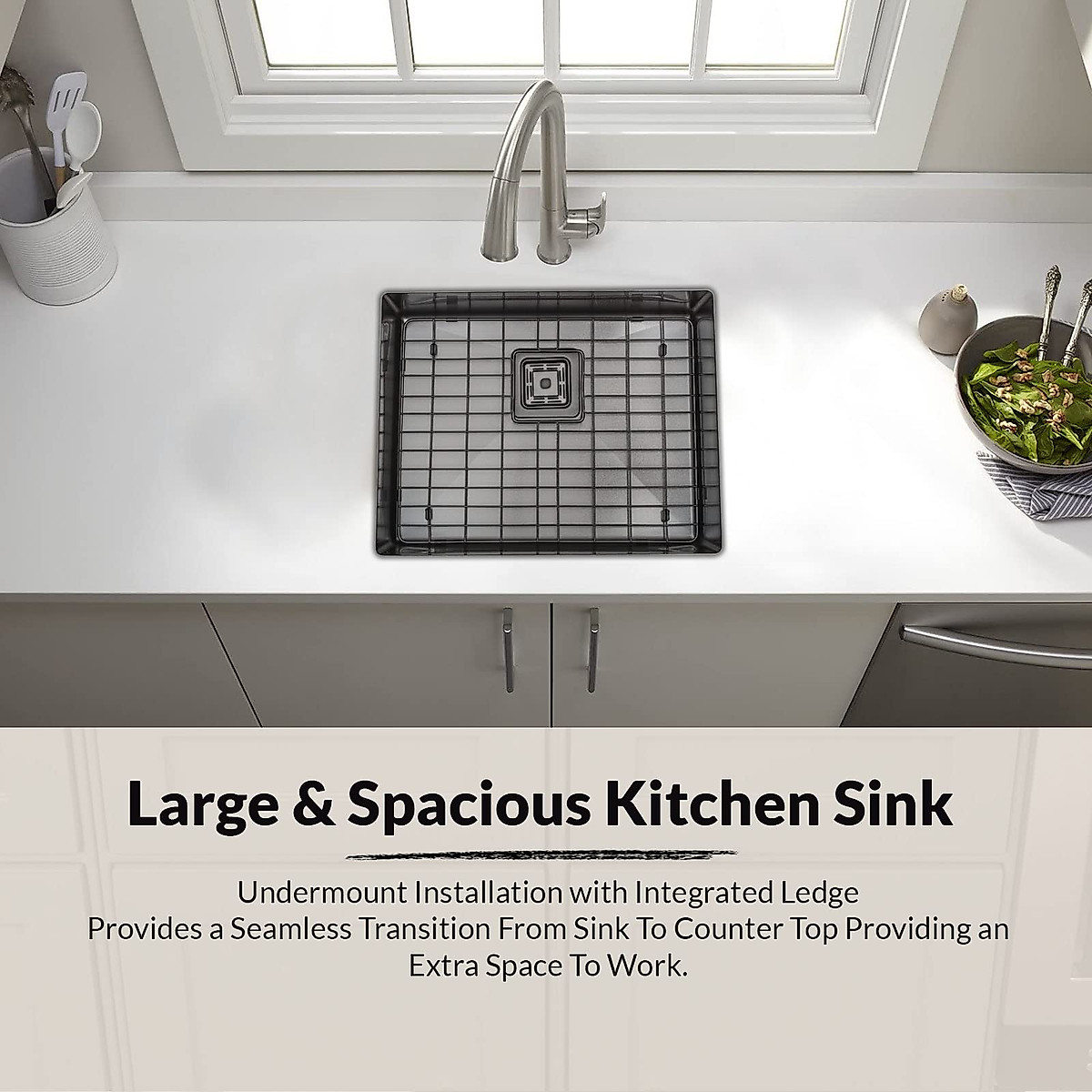 Strictly Sinks 23 Inch Undermount Kitchen Sink – Black Single Bowl 16 Gauge Stainless Steel Bar Prep Kitchen Sink Stain Resistant – With 1 Square Disposal Adapter, 1 Strainer Drain & Bottom Grid