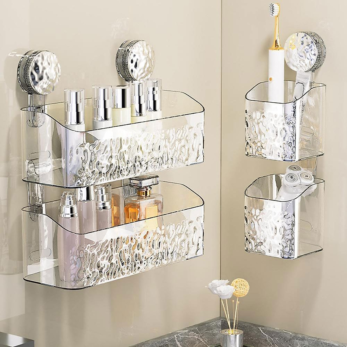 Suction Storage Rack, Luxury Suction Storage Rack Bathroom Suction Cup Storage Rack Clear for Shower (Gray-L)