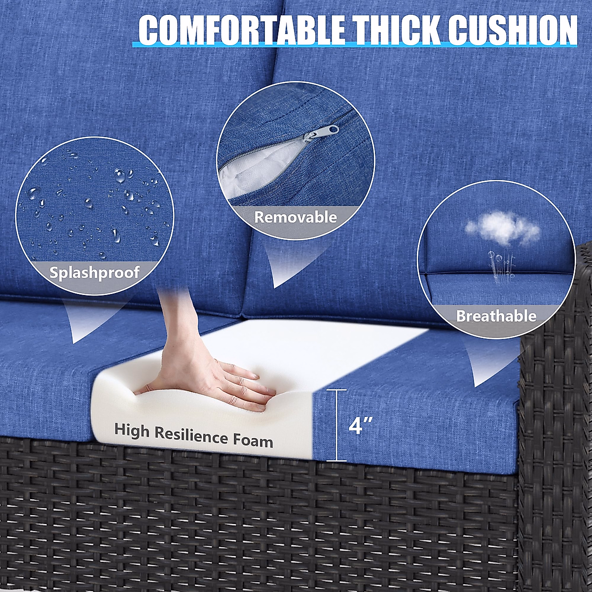 EcoTide 6-Piece Patio Furniture Set with Outdoor Swivel Rocker Chairs,PE Rattan 3-Seat Sofa Couch,Ottomans and Side Table Wicker Sectional Conversation Sets for Garden, Deck,Backyard Blue Cushions