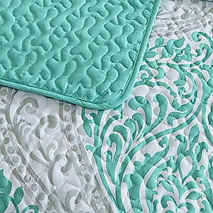 Comfort Spaces Coco 3 Piece Quilt Coverlet Bedspread Ultra Soft Printed Damask Pattern Hypoallergenic Bedding Set, Full/Queen, Teal - Grey