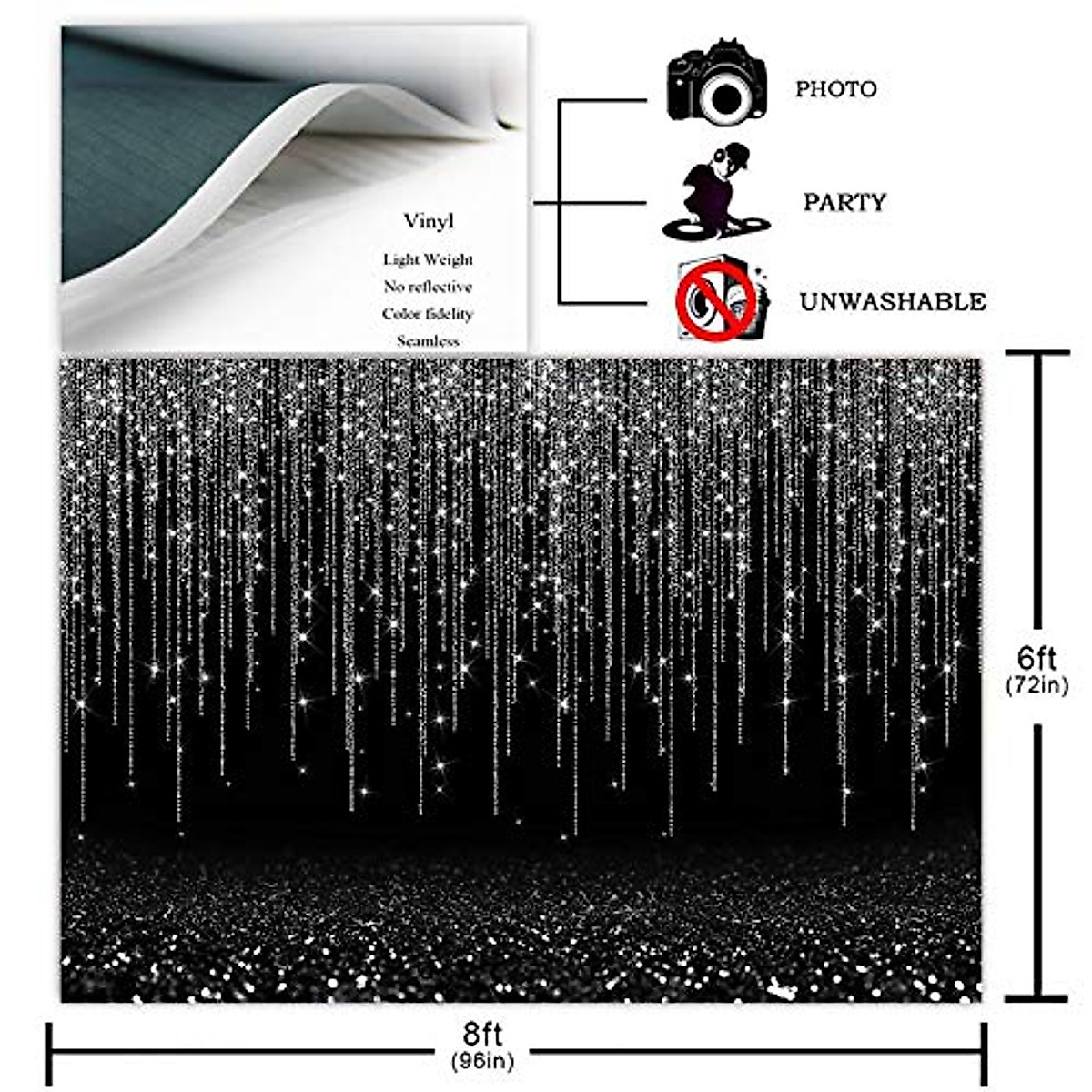 Avezano Black and Silver Glitter Sparkle Backdrop for Adult Kids Bday Party Decorations Photography Background Silver Black Bokeh Dots Wedding Birthday Party Decoration Photoshoot Backdrops (8x6ft)