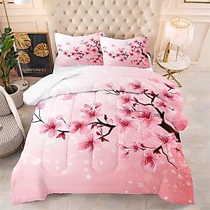 CCoutueChen Japanese Style Floral Comforter Bedding Set King Size Cherry Blossom Bed Sets Botanical Comforter Insert Romantic Pink Flowers Bedding 3Pcs Soft Lightweight Comforter(Girls Women Adult)