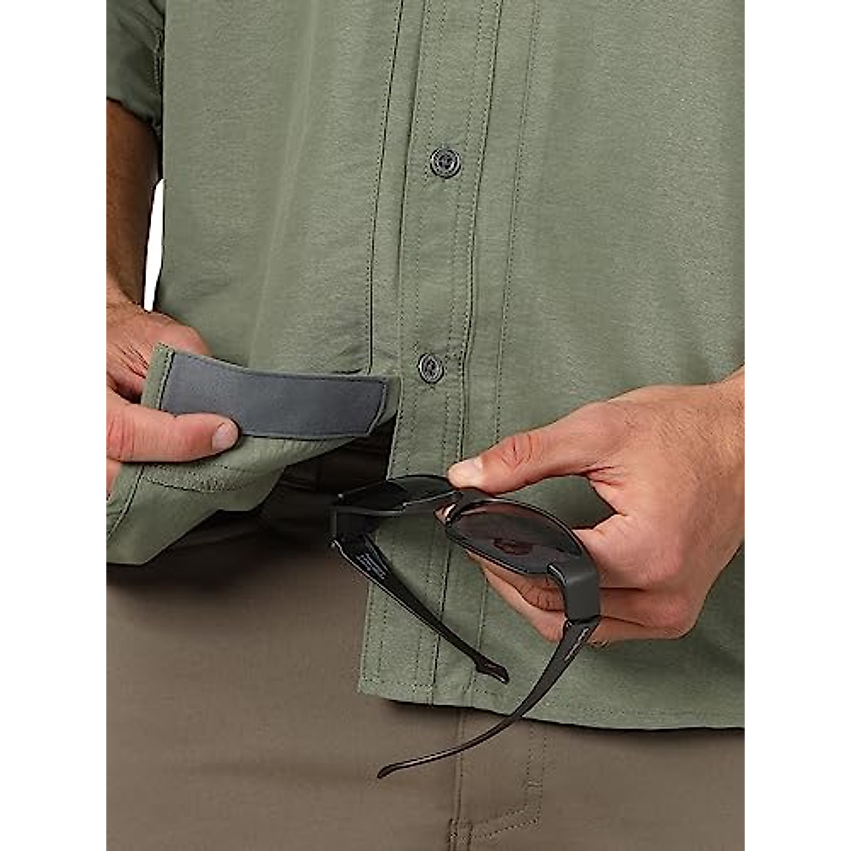 ATG by Wrangler Men's Long Sleeve Mixed Material Shirt, Dusty Olive, Medium