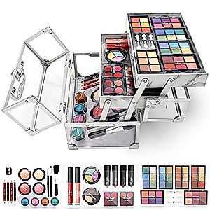 Hot Sugar Mixed Beauty Makeup Kit Cosmetic Set All in One Train Case Matte Shimmer Eyeshadow Palette Blushes Lipstick Stylish Jewelry Box Birthday Gifts for Teenager Girls Women (Clear)