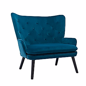 Dolonm Accent Chair Velvet Small Loveseat Tufted Button Wingback Armchair Modern Mid Century Settee Loveseat with Solid Wood Legs for Living Room Bedroom Reading Waiting Room (Teal)