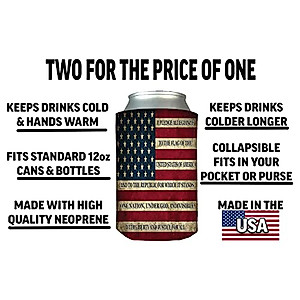 USA Flag Pledge Of Allegiance Collapsible Beer Can Bottle Beverage Cooler Sleeves 2 Pack Gift Set