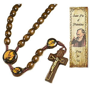Saint St Padre Pio Pietrelcina 10MM Wood Bead 19" Cord Rosary with Prayer Card (Original Version)