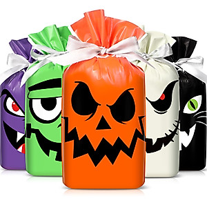 Teenyyou 50 Pcs Halloween Drawstring Treat Bags Halloween Candy Bag Halloween Plastic Snack Bag with Drawstring Halloween Theme Goodie Bag for Halloween Trick or Treat Party Favor Supplies
