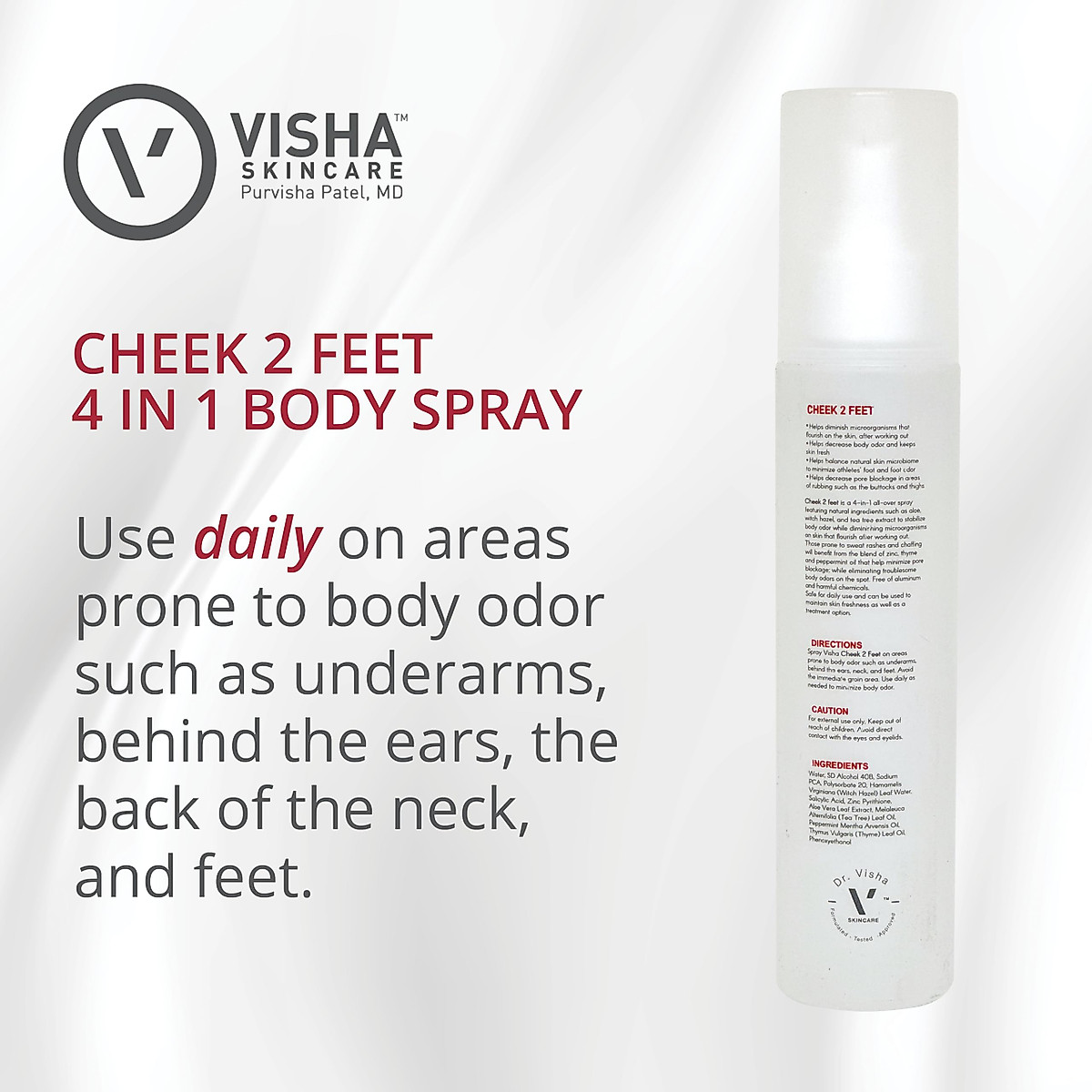 Visha Skincare Cheek 2 Feet 4 in 1 Body Spray for Men and Women, Decreases Bumpy Skin and Shave Bumps, Blemishes and Sweat Rashes, Aluminum Free Deodorizing Mist for Daily Use and After Workout 4fl oz