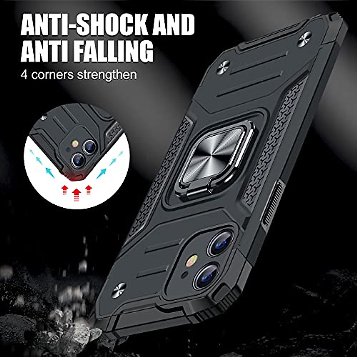 JAME Designed for iPhone 11 Case with Screen Protector [2PCS], Military-Grade Drop Protection, Protective Phone Case Cover, Car Mount Ring Kickstand Shockproof Bumper Case for iPhone 11 6.1 Inch Black