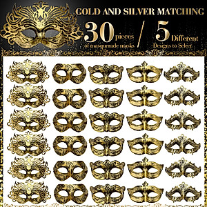 Yunsailing 30 Pieces Masquerade Masks Venetian Mardi Gras Antique Masks with Strap for Women Men Carnival Prom Mask Party(Gold)