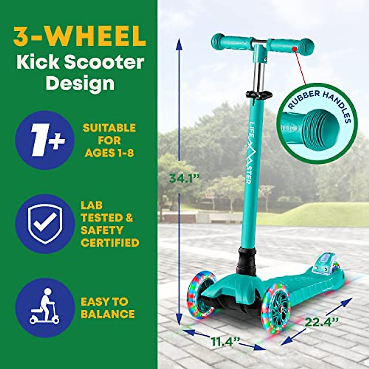 Kids Scooter – Children and Toddler 3 Wheel Kick Scooter – LED Wheel Lights Illuminate When Rolling– Adjustable Handlebar – Indoor and Outdoor Teal - Lifemaster