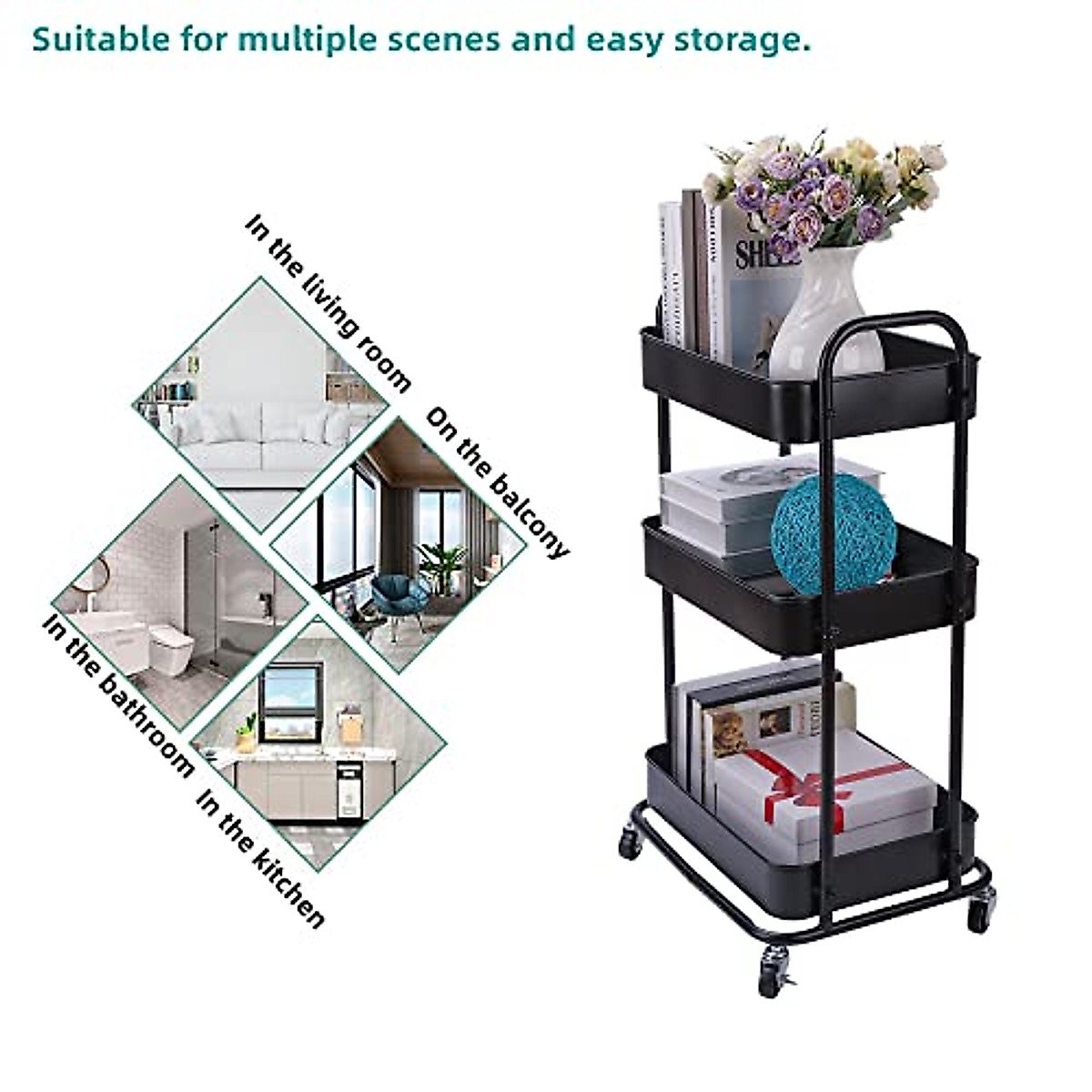 YOHKOH 3-Tier Metal Rolling Utility Cart, Storage Trolley Cart with Mesh Baskets and Lockable Wheels for Bathroom Kitchen Office (Dark Black)