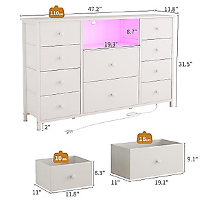 LDTTCUK Dresser with Charging Station and LED Lights, Long Dresser for Bedroom Dresser TV Stand with 10 Drawers, Fabric Chest of Drawers with PU Finish, Wide Dresser Storage Organizer, White