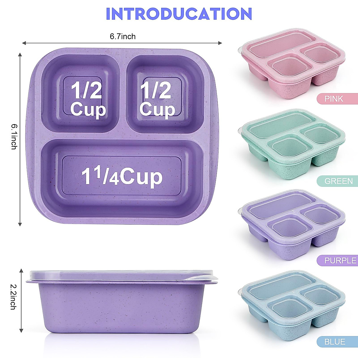 Globright Snack Box Containers 4 Pack, 3 Compartments Bento Box for Kids, Lightweight Adults Lunch Containers, Meal Prep Containers Reusable BPA Free (wheat)