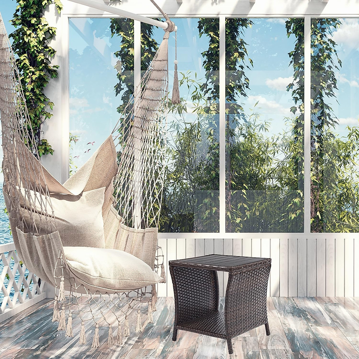 Outdoor Patio Side Table Small Brown Wicker Rattan End Table for Outside Storage Coffee Table with Poly Lumber Table Top for Garden Lawn Pool Porch Deck