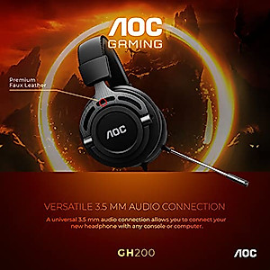 AOC Gaming GH200 Wired Gaming Headset with 2.0 Stereo Sound, Built-in Detachable Microphone, Premium Protein Leather, Integrated Control Panel and 3.5 mm Cable Connection