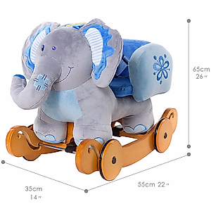 labebe - Baby Rocking Horse, Plush Rocking Animal, Toddler/Baby Wooden Rocker Toy for Nursery, Ride on Toy for Girl&Boy 1-3 Years, 2 in 1 Rocking Elephant Blue with Wheel, Kid Riding Horse Toys