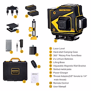 INSPIRITECH Tile Laser Level Self Leveling 3D Alignment Guide,3x360° Horizontal Vertical 12 Cross Lines, Green Beam Lazer Leveler Tool for Floor Ceiling Wall with 2 Lithium Batteries