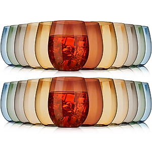 Bokon 24 Pack 12 oz Plastic Stemless Wine Glasses Set Colored Plastic Reusable Wine Shatterproof Wine Glasses Bulk Party Stemless Wine Glasses Cups for Indoor Outdoor Dining Wine Supplies, 6 Colors