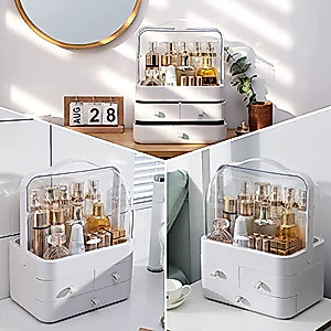 Makeup Organizer, Cosmetics Skincare Organizers Box Waterproof&Dustproof, Make up Organizers and Storage for Vanity with Lid and Drawers, Cosmetic Display Cases for Countertop, Bathroom(White-L)