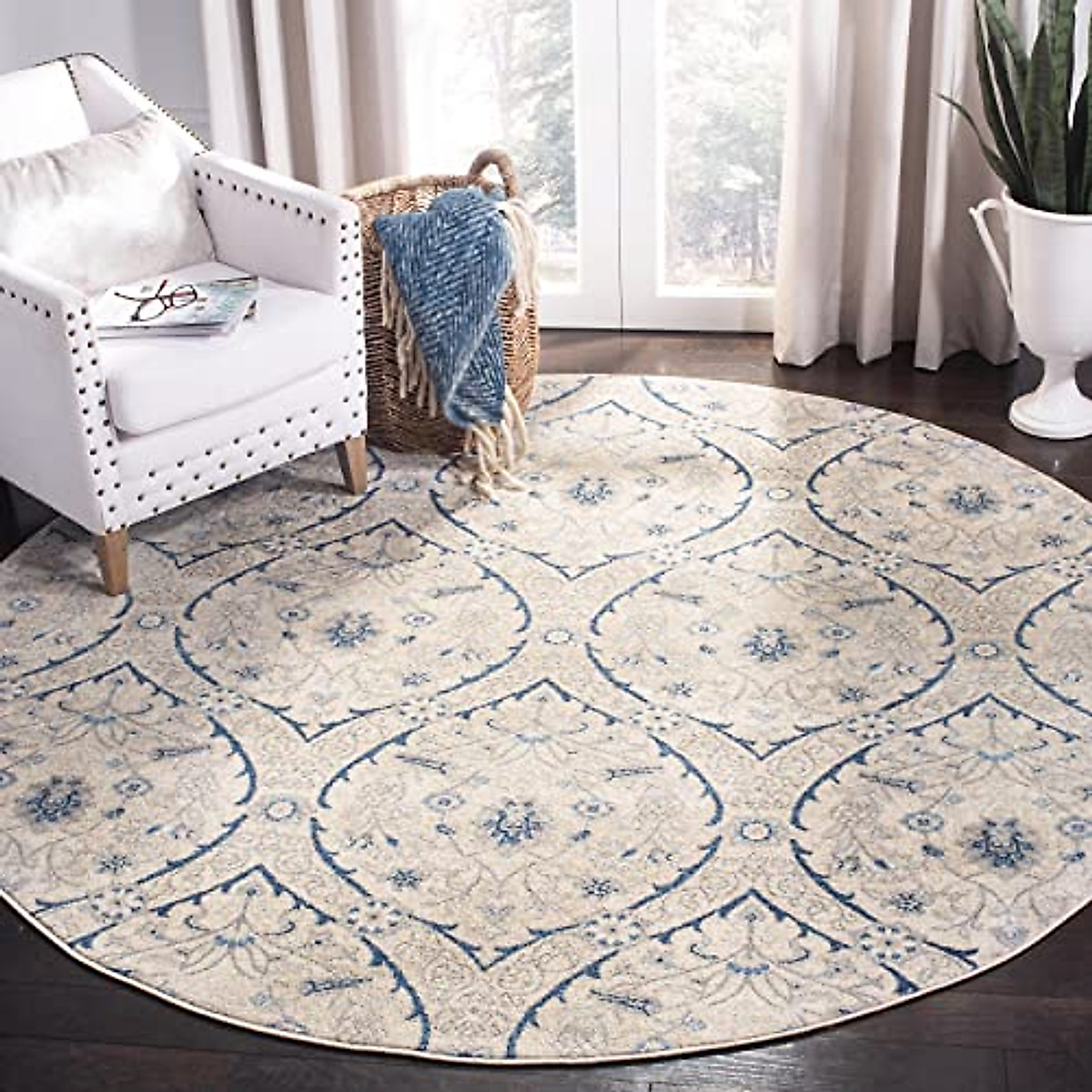SAFAVIEH Brentwood Collection 8' x 10' Navy / Light Grey BNT860M Floral Damask Ogee Trellis Non-Shedding Living Room Bedroom Dining Home Office Area Rug