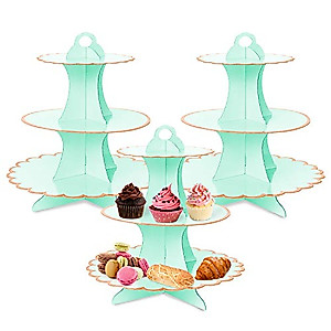 Cupcake Stand,3 Set of 3-Tier Dessert Plates Mini Cakes Fruit Candy Display Tower Cookie Tray Rack Candy Buffet Holder Cake Stand Cardboard Cupcake Stand Tiered Serving Stand (Green)
