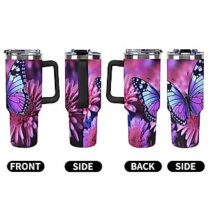 Purple Butterfly And Flower Insulated Stainless Steel Travel Mug, 40 Oz Tumbler with Handle And Straw Double-Wall Vacuum Coffee Cup, Leak-Proof Lid, Keeps Drinks Hot/Cold for Hours