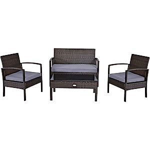 HOMGX 4 Piece Patio Furniture Set, Outdoor Modern Wicker Rattan Conversation Set w/Tempered Glass Top Coffee Table & 3 Padded Cushions for Backyard, Garden and Courtyard