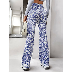 WDIRARA Women's Flare Leg All Over Print Tummy Control High Waisted Bootcut Yoga Pants Blue and White L