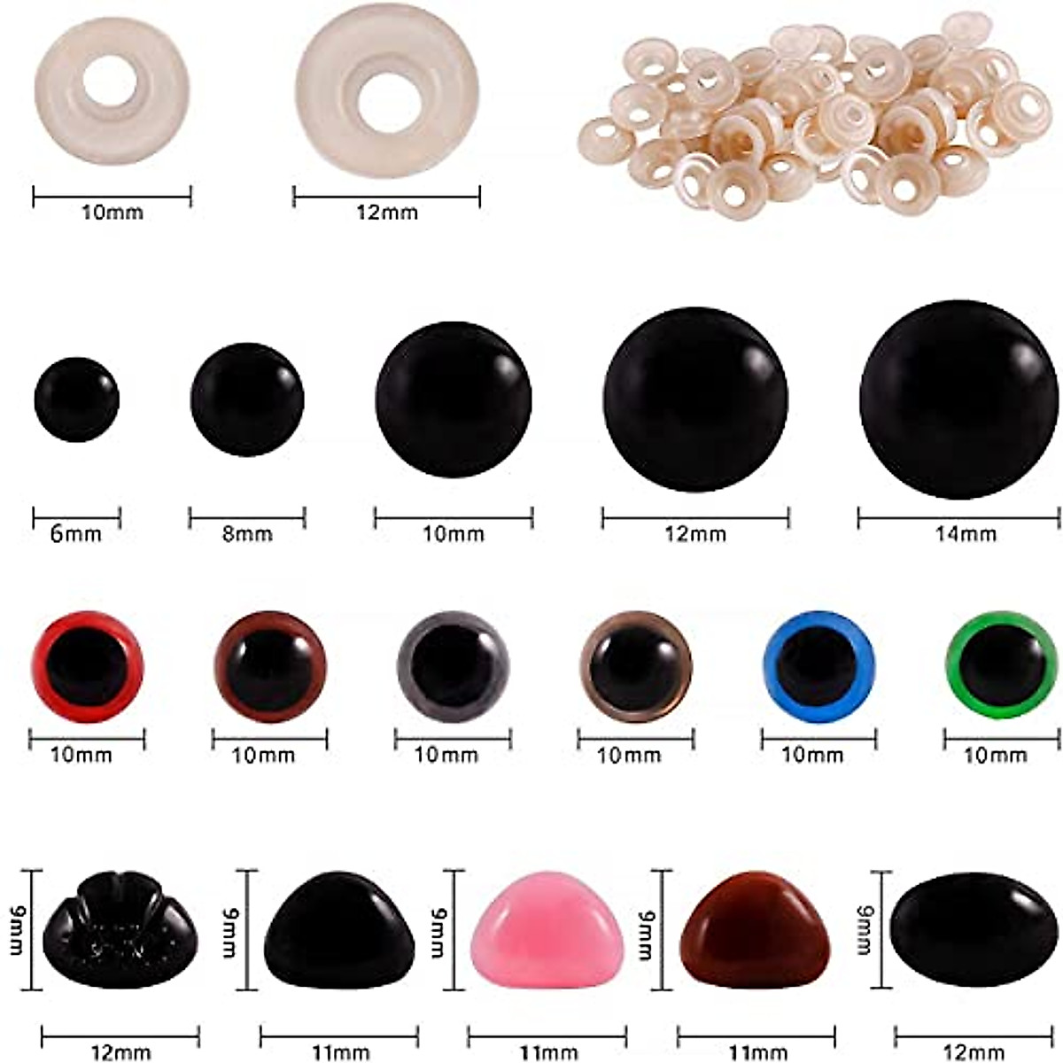 Meafeng 600 Pcs Colorful Plastic Safety Eyes and Noses with washers, for Amigurumi Crafts Doll Crochet Stuffed Animal Teddy Bear Making (Ø 6~14mm)