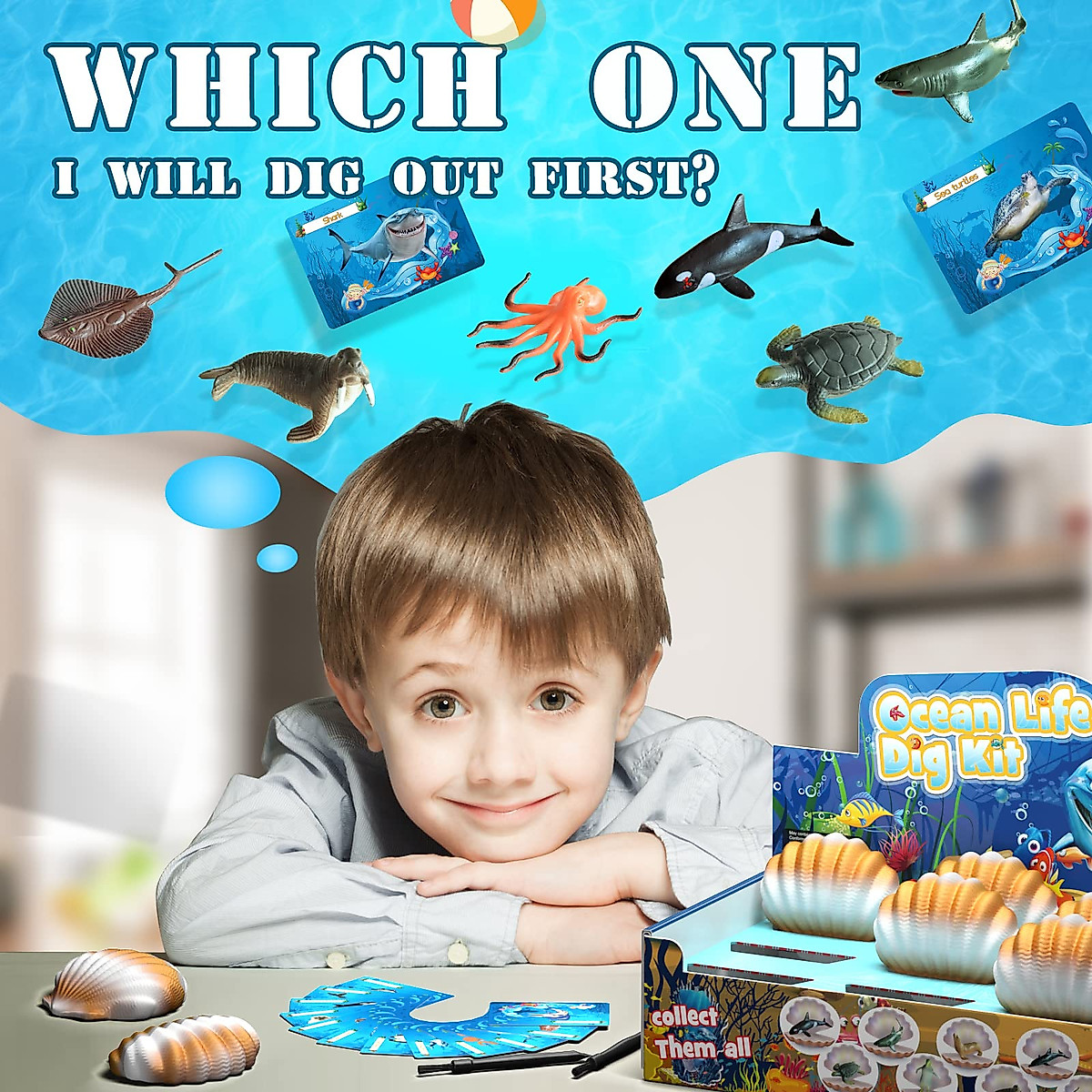 EARTH'SCODE Ocean Animals Dig Kit, Seashell Excavation Dig Bricks, Science Educational Gift for Kids