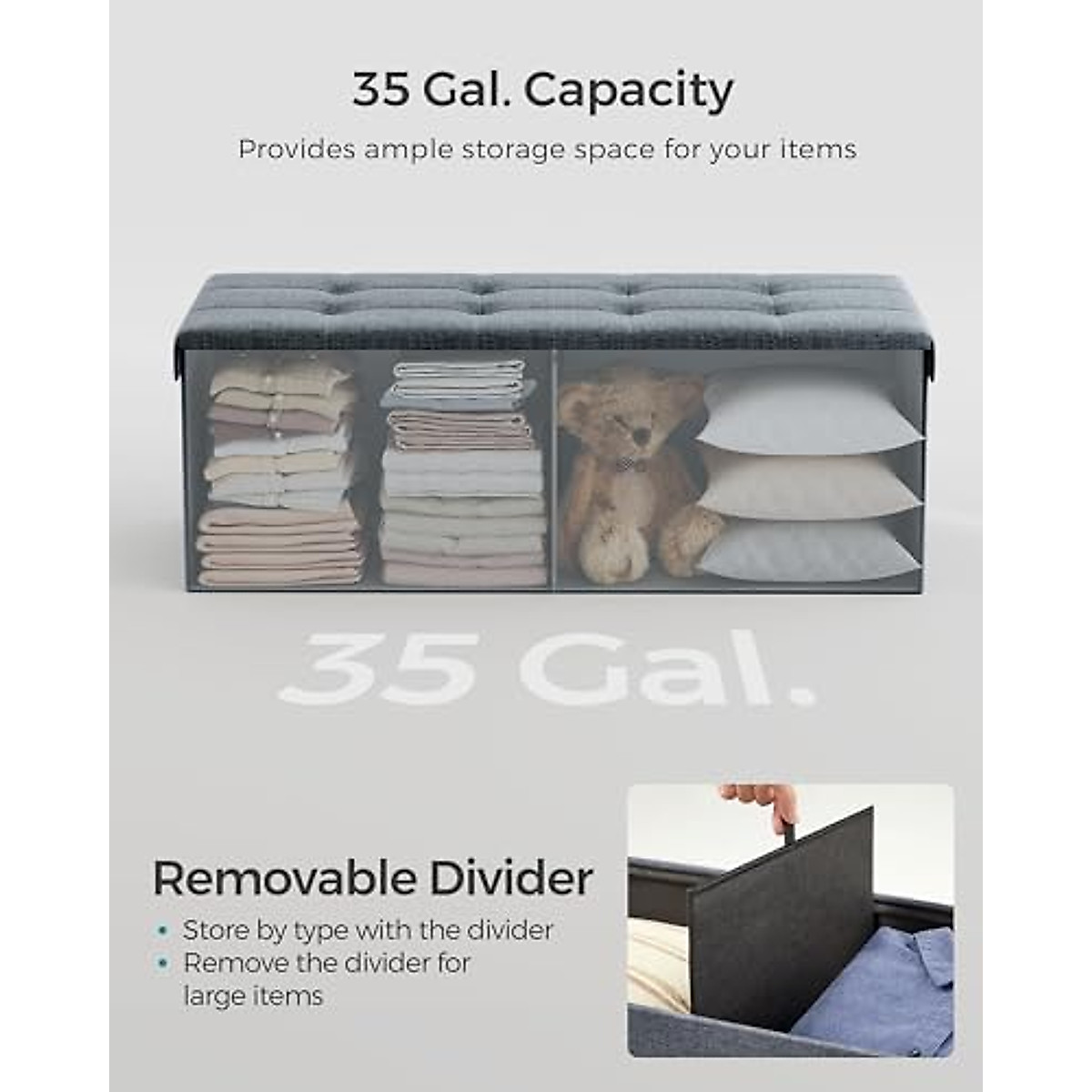 SONGMICS Storage Ottoman Bench, Foldable Ottoman Foot Rest, 15 x 43 x 15 Inches, End of Bed Bench, Storage Chest, Load up to 660 lb, for Living Room, Bedroom, Entryway, Misty Blue ULSF077Q01