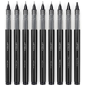 ARTEZA Micro-Line Ink Pens, Set of 9, Black Fineliners with Japanese Archival Ink, Art Supplies for Comic Artists and Illustrators