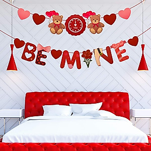 Be Mine Valentine Banner Red and Pink Heart Banner Valentine's Day Garland Party Decorations Heart Rose Bear Valentines Day Hanging Banner Hearts Garland for Wedding Party Home Valentines Decorations