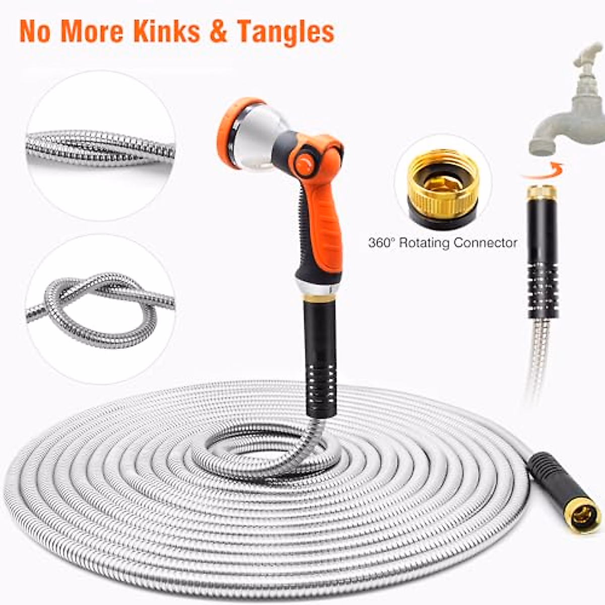 GAINSEN Flexible Metal Garden Hose 50ft x 5/8", Stainless Steel Heavy Duty Water Hose with Thumb Spray Nozzle, Kink & Tangle Free, Puncture & Leak Proof, Durable Lightweight Hose for Yard, Outdoor