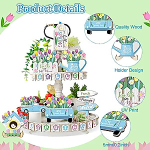 Bucherry Hello Spring Tiered Tray Decor Tulips Table Wooden Sign Decorations Flower Market Tabletop Rustic Farmhouse Decor for Spring Holiday Party Home Kitchen (Tulip Style)