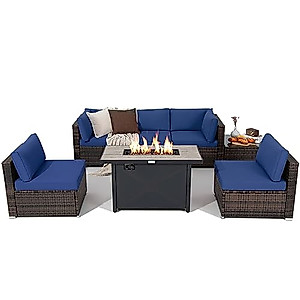 SDGH 7PCS Patio Rattan Furniture Set Fire Pit Table Cover Cushion Navy