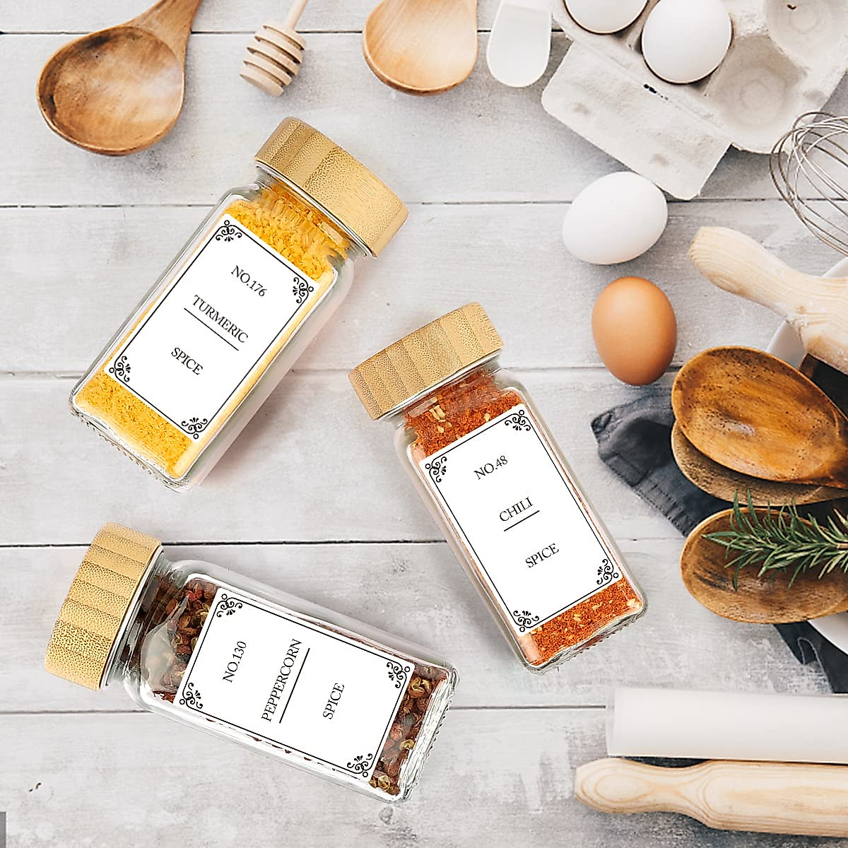 VIVAIVE Spice Jars with Labels,24 Pcs 4oz Glass Spice Jars with Bamboo Lid and 648 Waterproof Printed Labels,2 Salt and Pepper Grinder Set,Empty Spice Containers Bottles for Pantry,Cabinet,Drawer