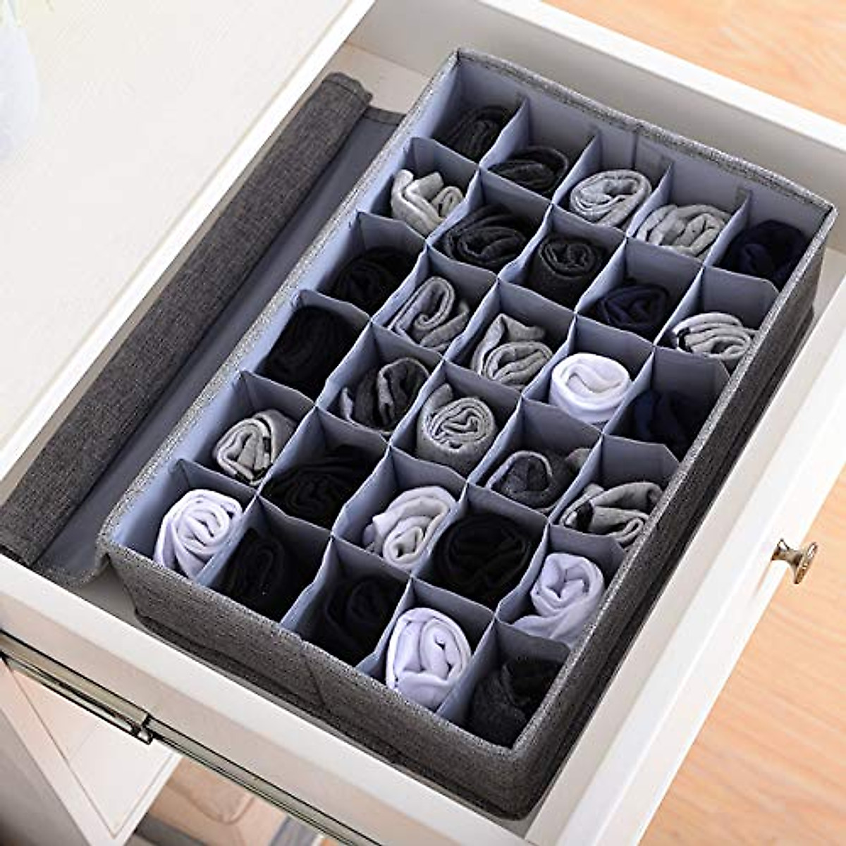 AARAINBOW 2 Packs Underwear Socks Storage Organizer with Lids Foldable Closet Drawer Organizer 60 Cells, Wardrobe Storage Boxes for Ties Scarves and Lingerie (30 Cell, 2 Gray)