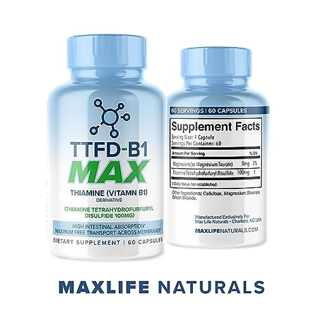 TTFD - B1 Max - Thiamine Vitamin B1 TTFD - 100mg - (Thiamine Tetrahydrofurfuryl Disulfide) Thiamine MAX, 60 Capsules by MAXLIFE NATURALS.