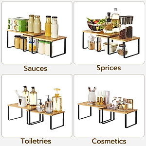 YONDERLIVICE Cabinet Shelf Organizers, Set of 2 Stackable Cabinet Organizers, Kitchen Counter Organizer, Expandable Spice Racks, Metal and Bamboo, Black and Natural