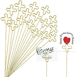 KIMOBER 30PCS Metal Floral Place Card Holder,13.4 Inch Golden Clover Flower Picks Photo Memo Clips Gift Card Holder for Flower Arrangements,Wedding and Birthday Party